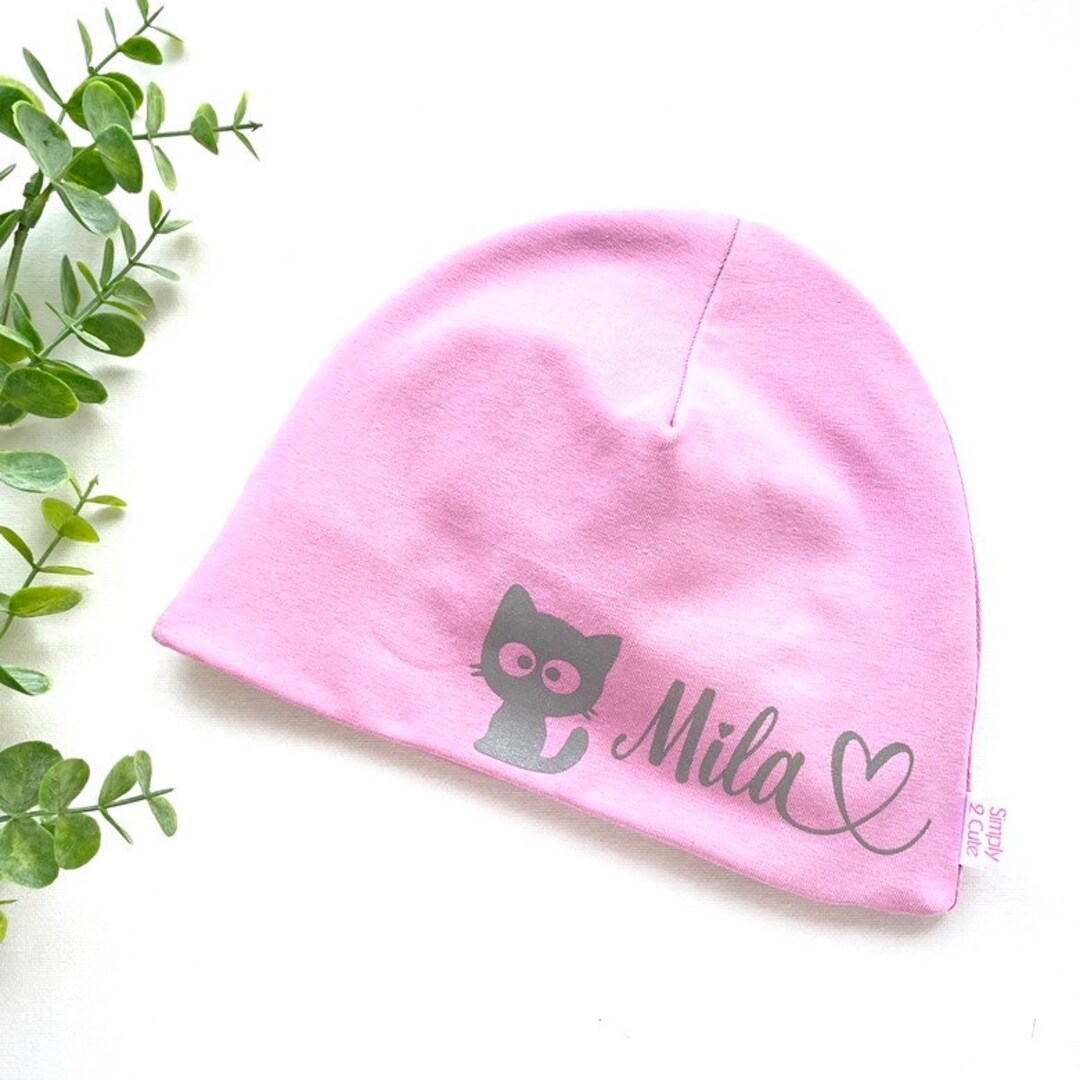 Cotton Beanie Hat With Reflex Name & Cat Decal, Adult Child ...