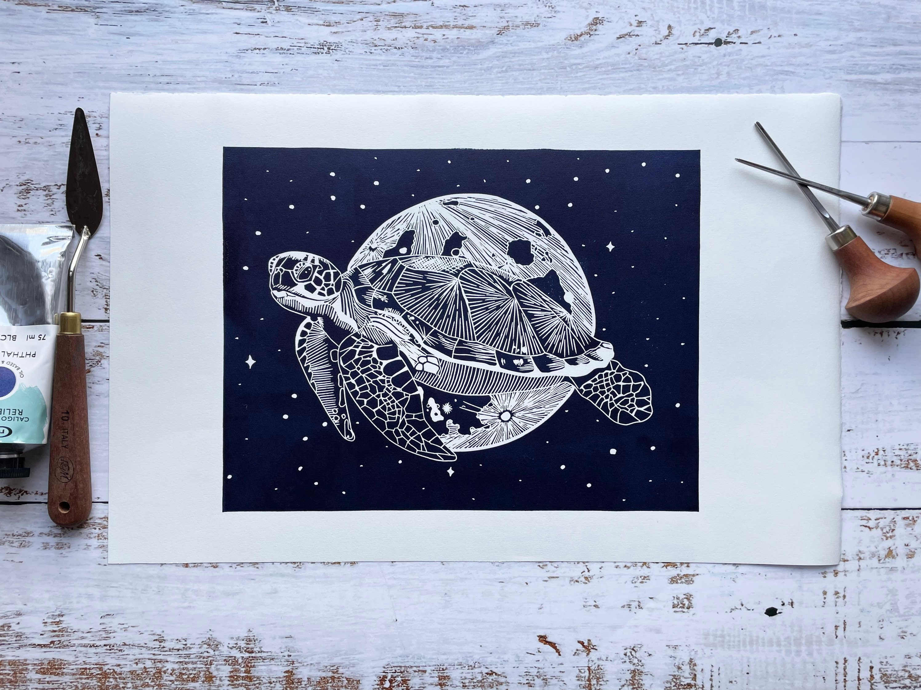 Sea Turtle and the Moon Original Lino Print | Etsy