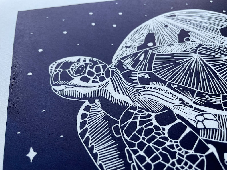 Sea Turtle and the Moon Original Lino Print | Etsy
