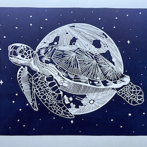 Sea Turtle and the Moon Original Lino Print - Etsy