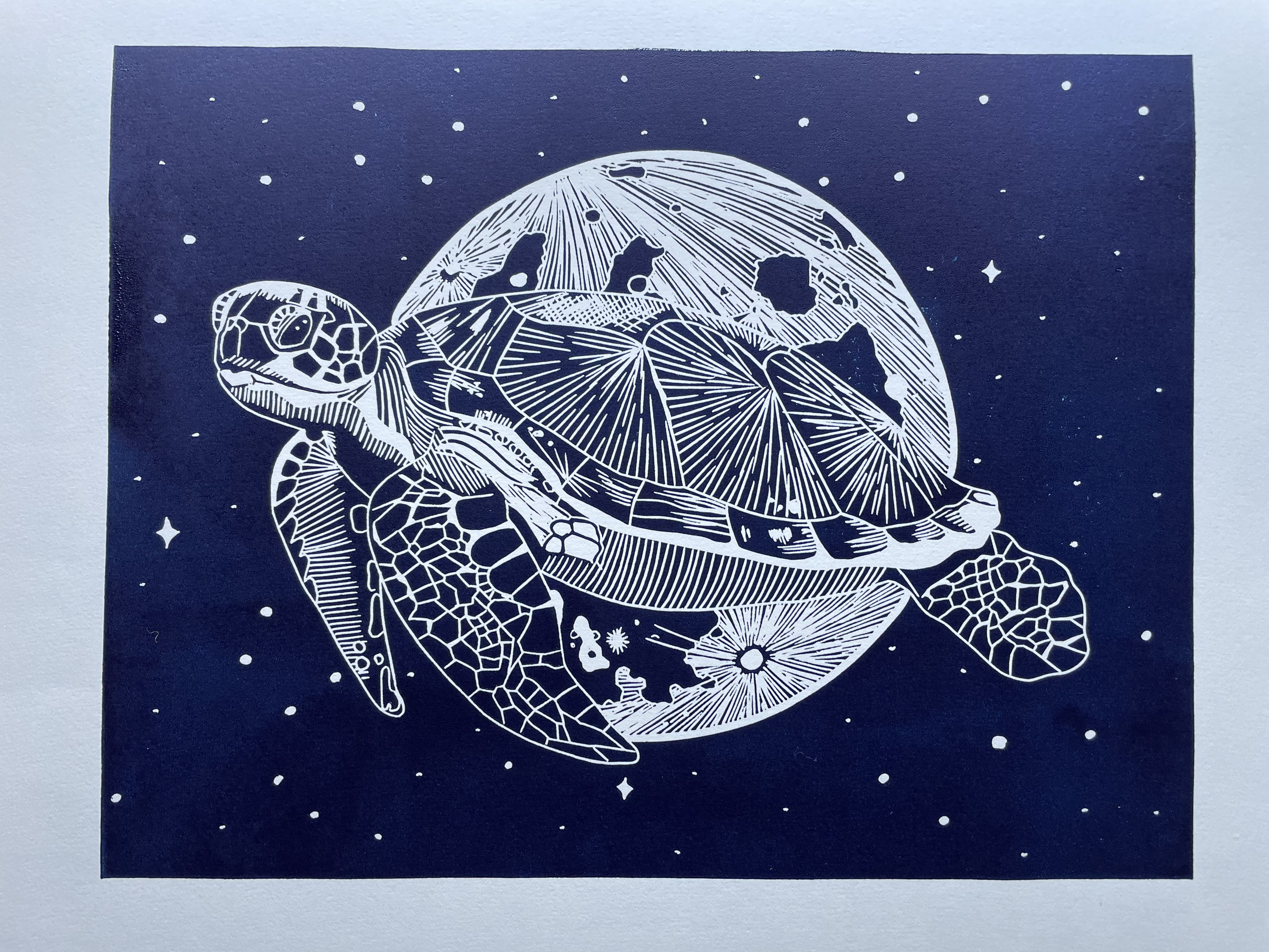 Sea Turtle and the Moon Original Lino Print | Etsy