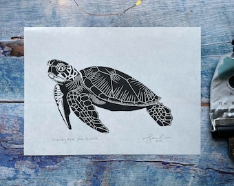 Sea Turtle and the Moon Original Lino Print | Etsy