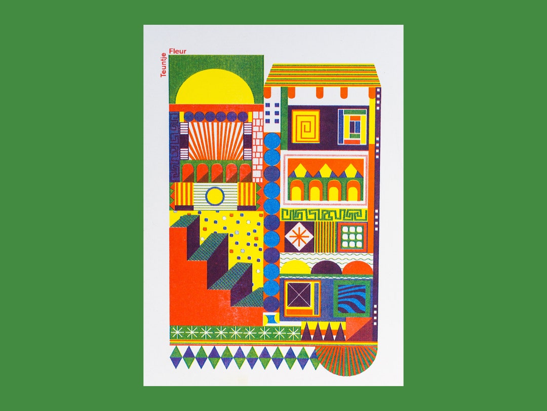Risograph Print of Geometric Building Handmade Print A4 | Yellow ...
