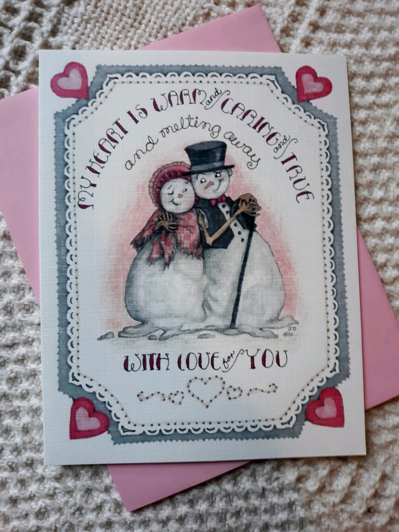 Valentines Day Greeting Card, Cute Snow Man and Lady, Original Art - Etsy