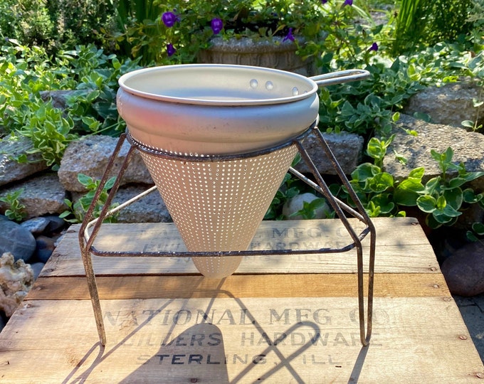 Vintage Metal Colander, Cone, Sieve, Strainer, Colander, Wood Pestle ...