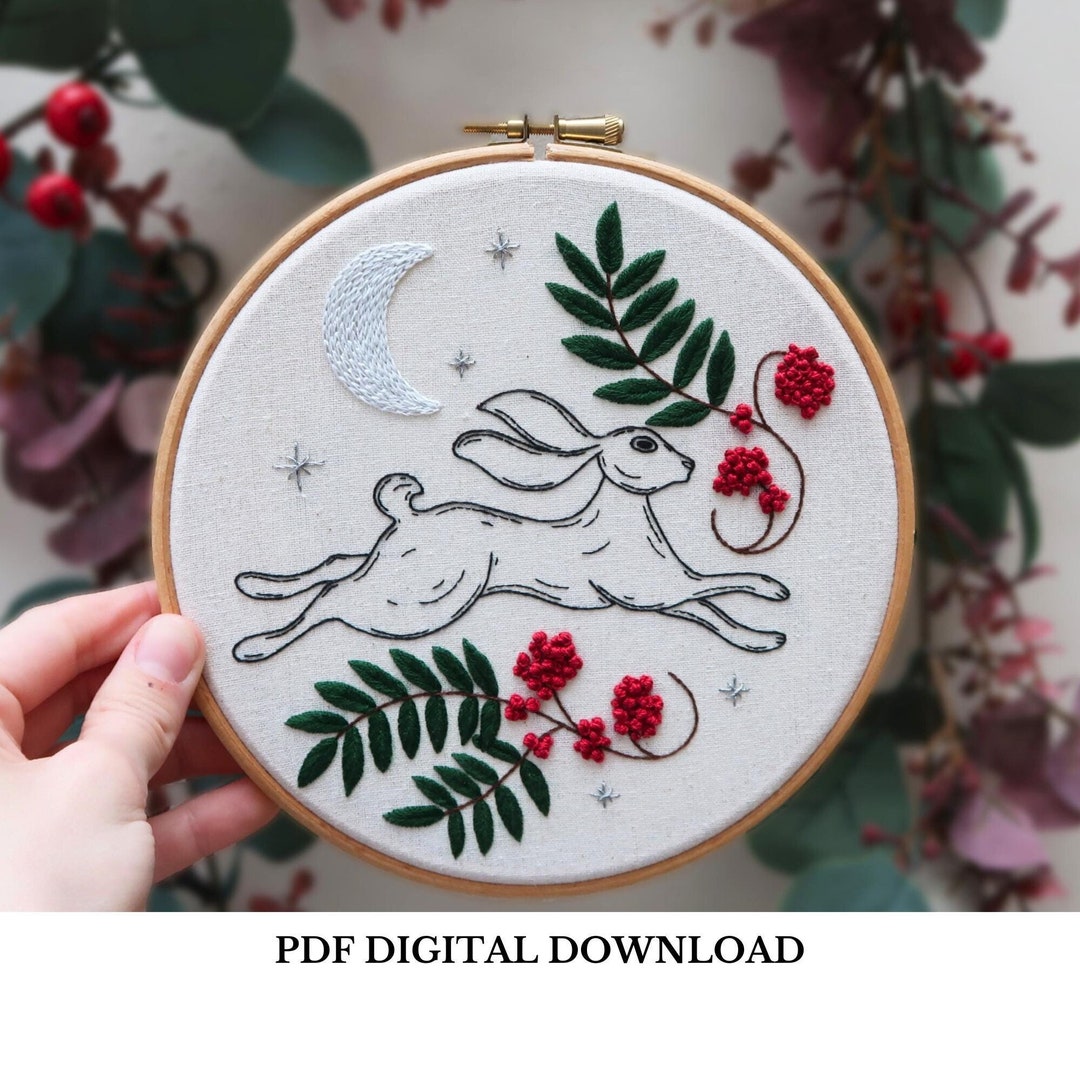 7" Leaping Hare Embroidery Pattern - Moon, Stars, and Rowan Design ...