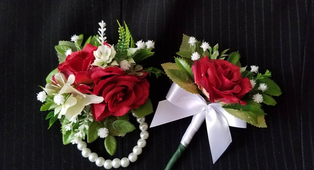 Red Prom Set, Red Rose Corsage and Boutonniere Set, Red Roses Prom Set ...