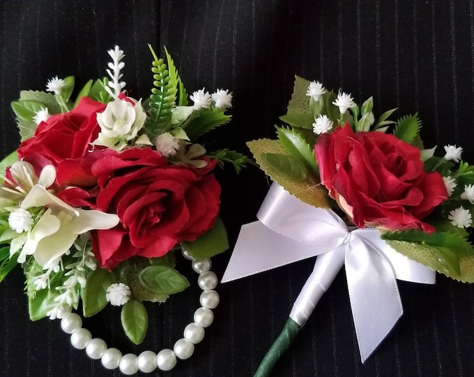 Red Prom Set, Red Rose Corsage and Boutonniere Set, Red Roses Prom Set ...