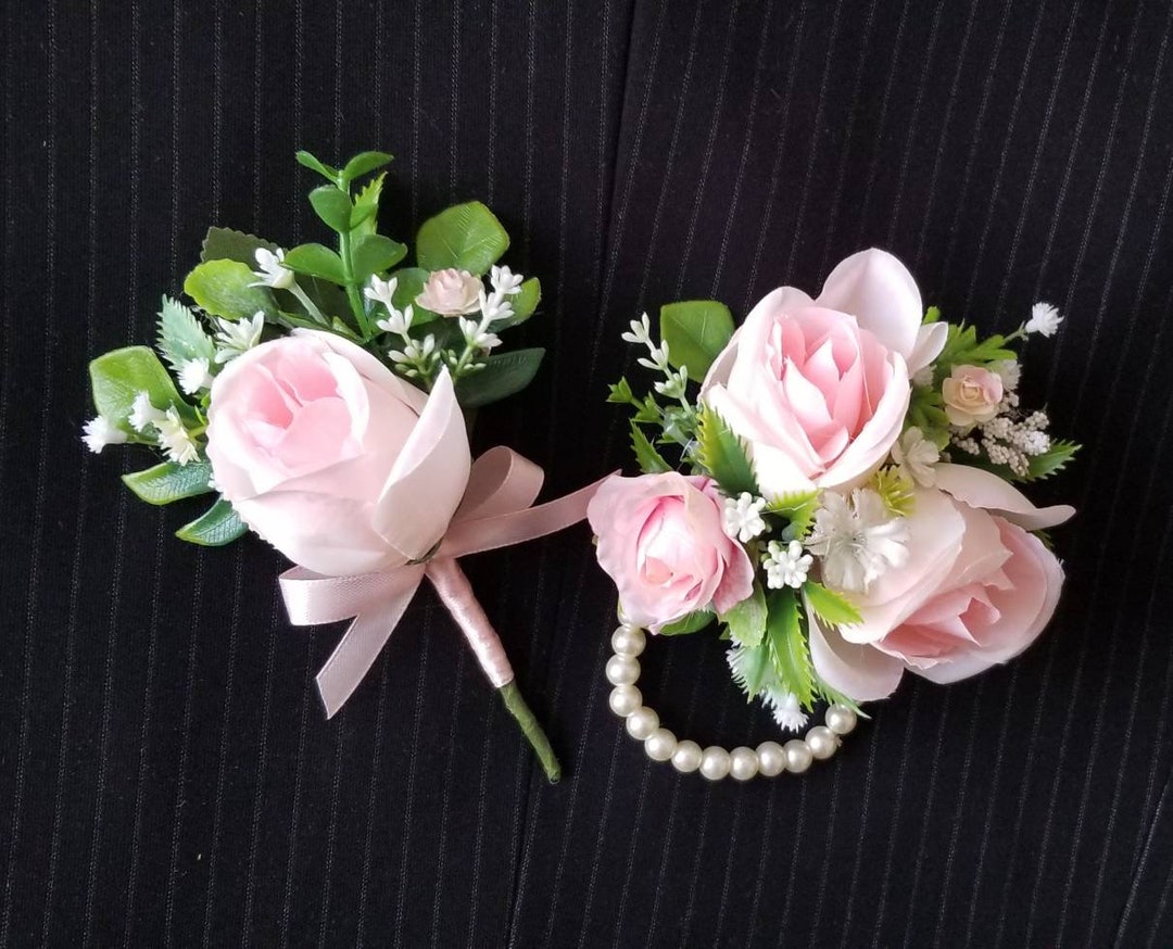 Pink Corsage and Boutonniere Set, Blush Pink Rose Corsage and ...