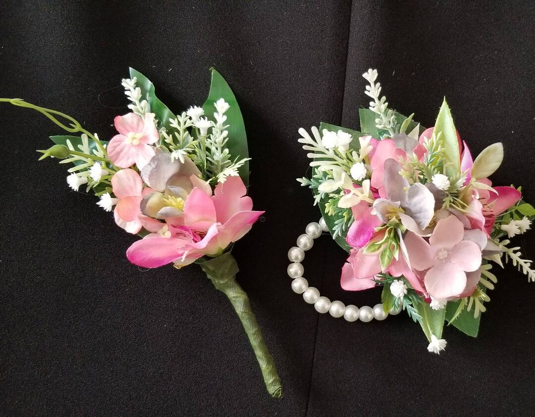 Pink Blue Prom Set, Pink Blue Flowers Corsage and Boutonniere, Pink and ...