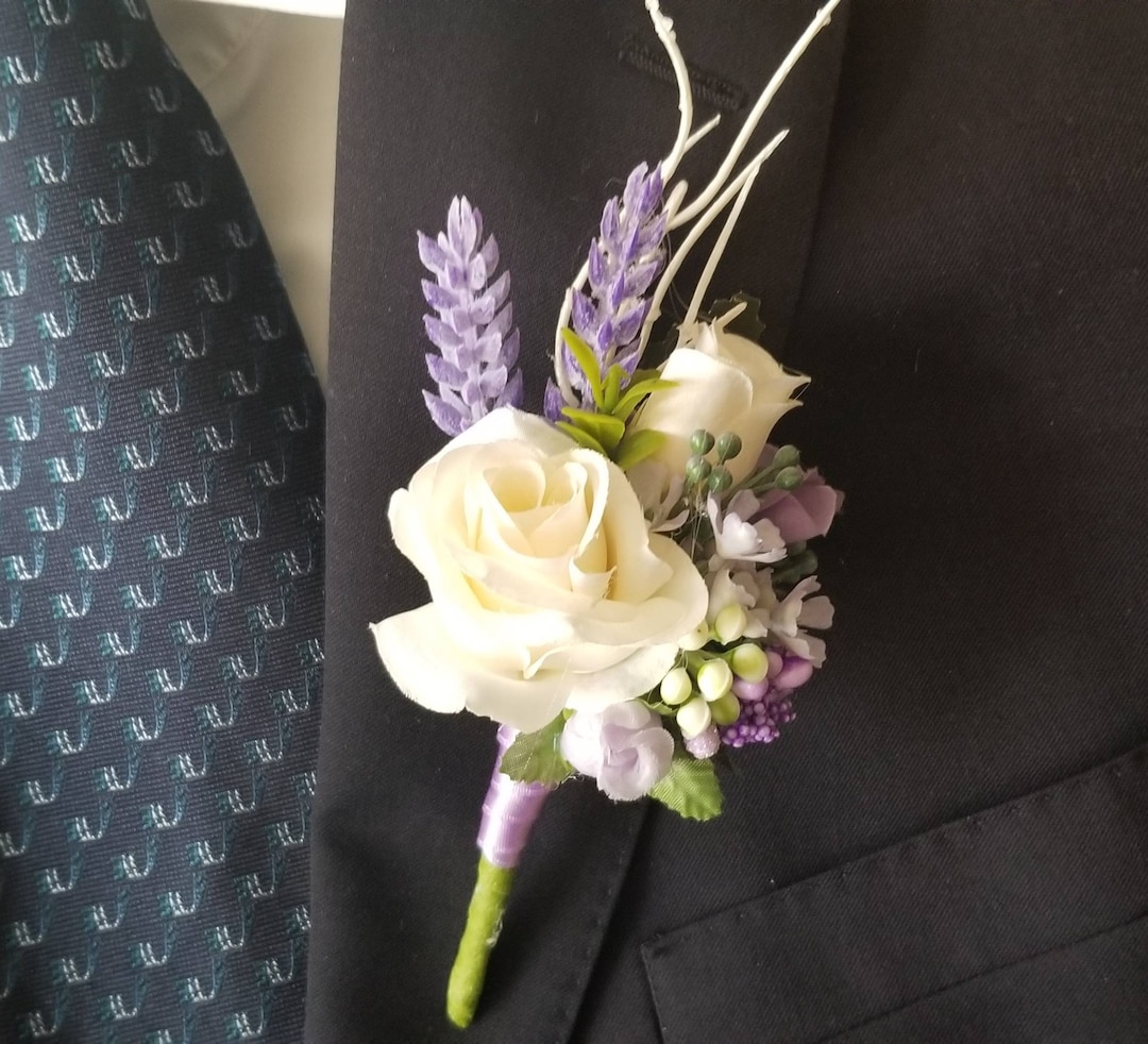 Violet Boutonniere, Purple Violet Buttonhole, White Rose Bud ...