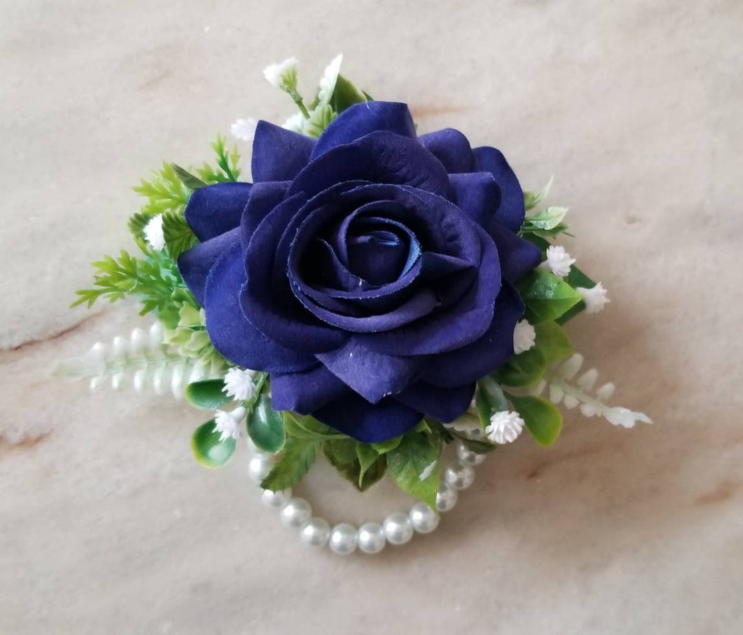Navy Blue Corsage, Dark Blue Corsage, Navy Blue Rose Pearl Wristlet ...