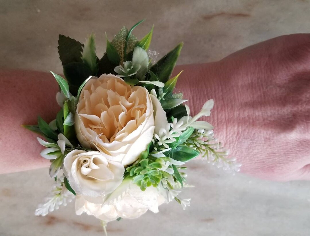 Ivory Cream Corsage, Ivory Peony Wrist Corsage, Cream Ivory Pearl ...