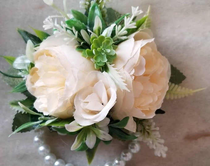 Ivory Cream Corsage, Ivory Peony Wrist Corsage, Cream Ivory Pearl ...