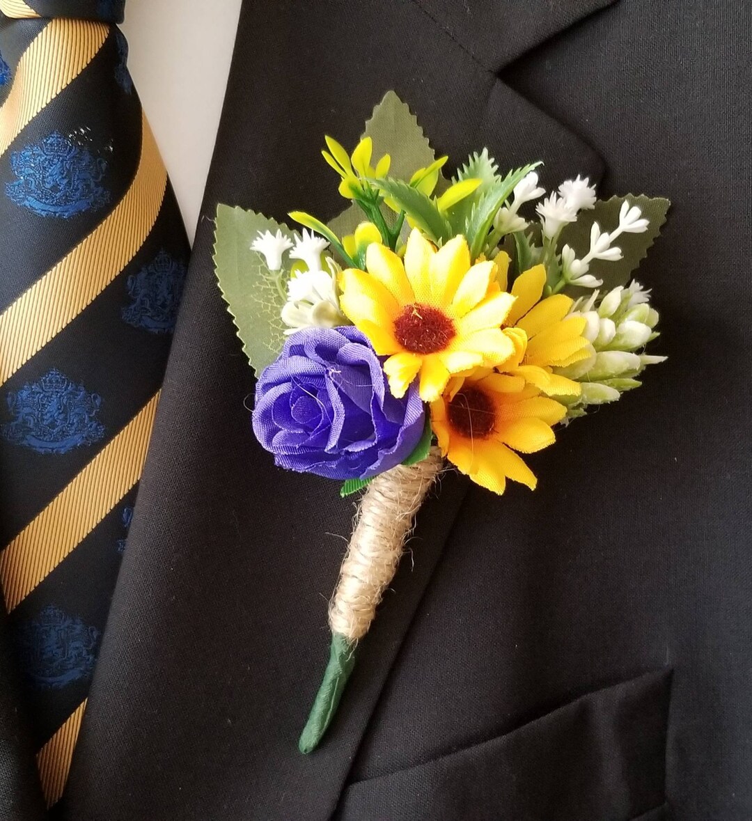 Sunflower Boutonniere, Sunflower, Navy Rose Boutonniere, Sunflower ...