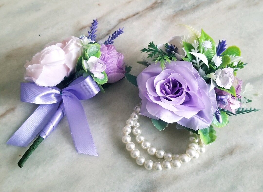 Lilac White Corsage Set, Purple Corsage and Boutonniere, Violet and ...