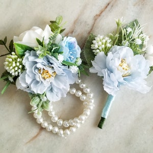 Baby Blue Corsage Set, Light Blue Corsage and Boutonniere, Baby Blue ...