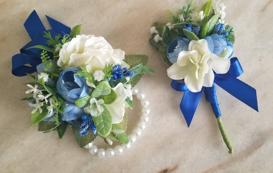 Blue Corsage Set, Blue Boutonniere and Corsage, Blue Buttonhole and ...