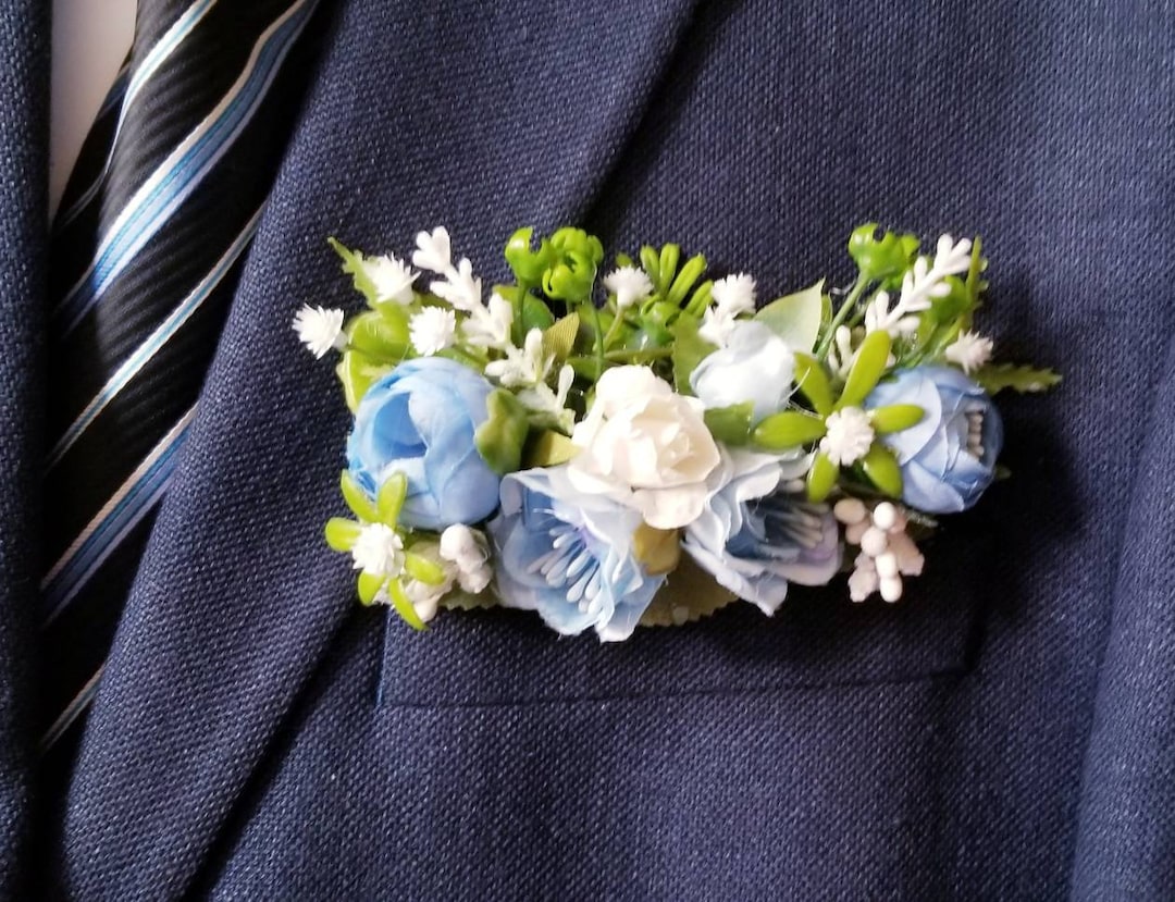 Blue Pocket Boutonniere, Pocket Square Boutonniere, Blue Wedding ...