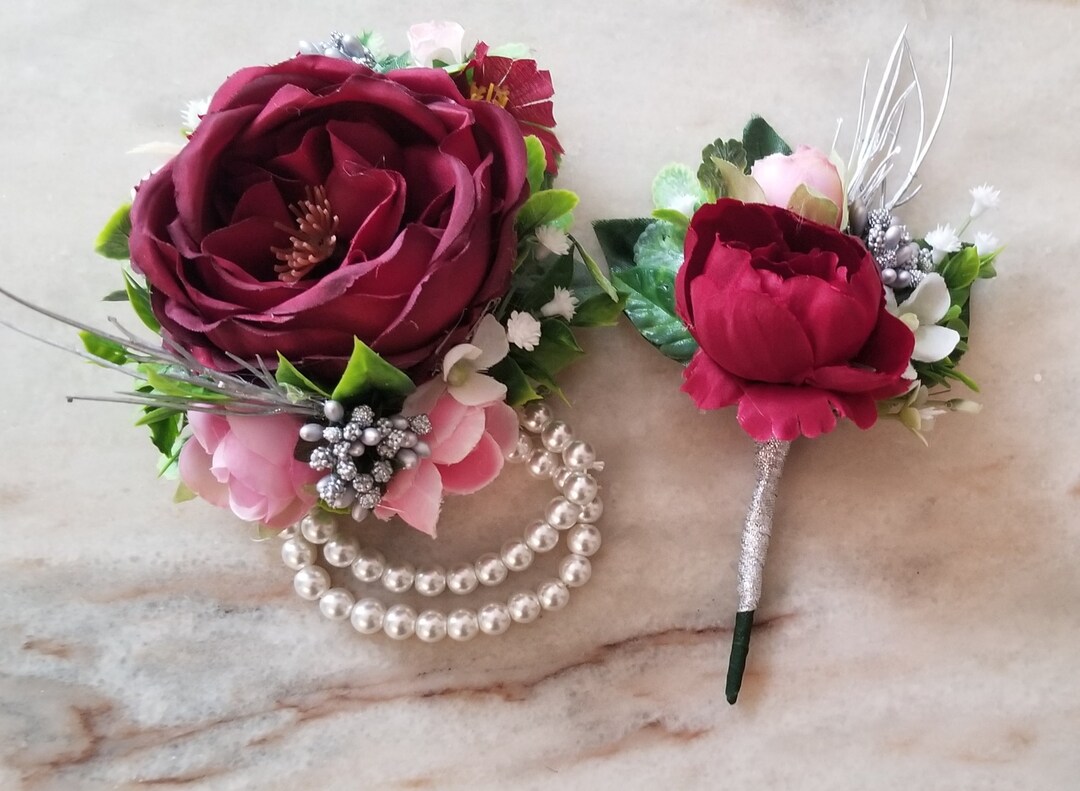 Burgundy Peony Corsage & Boutonniere Set: Pink Pearl Bracelet - Etsy