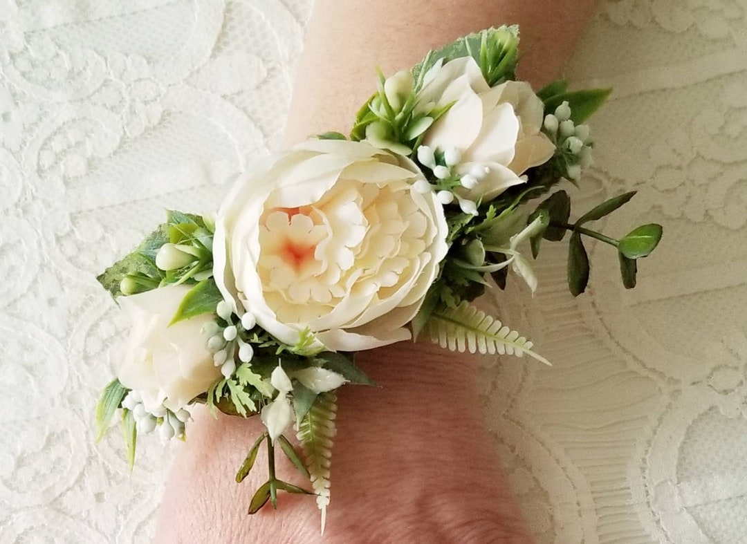 Ivory Cream Corsage, Champagne Pearl Bracelet Corsage, Peony and ...