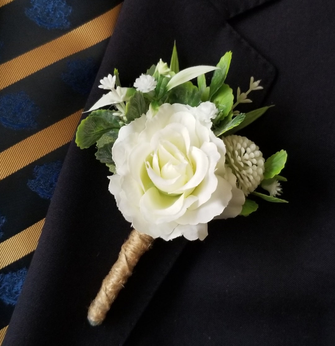 White Rose Button Hole, White Vintage Boutonniere, White Groom's ...