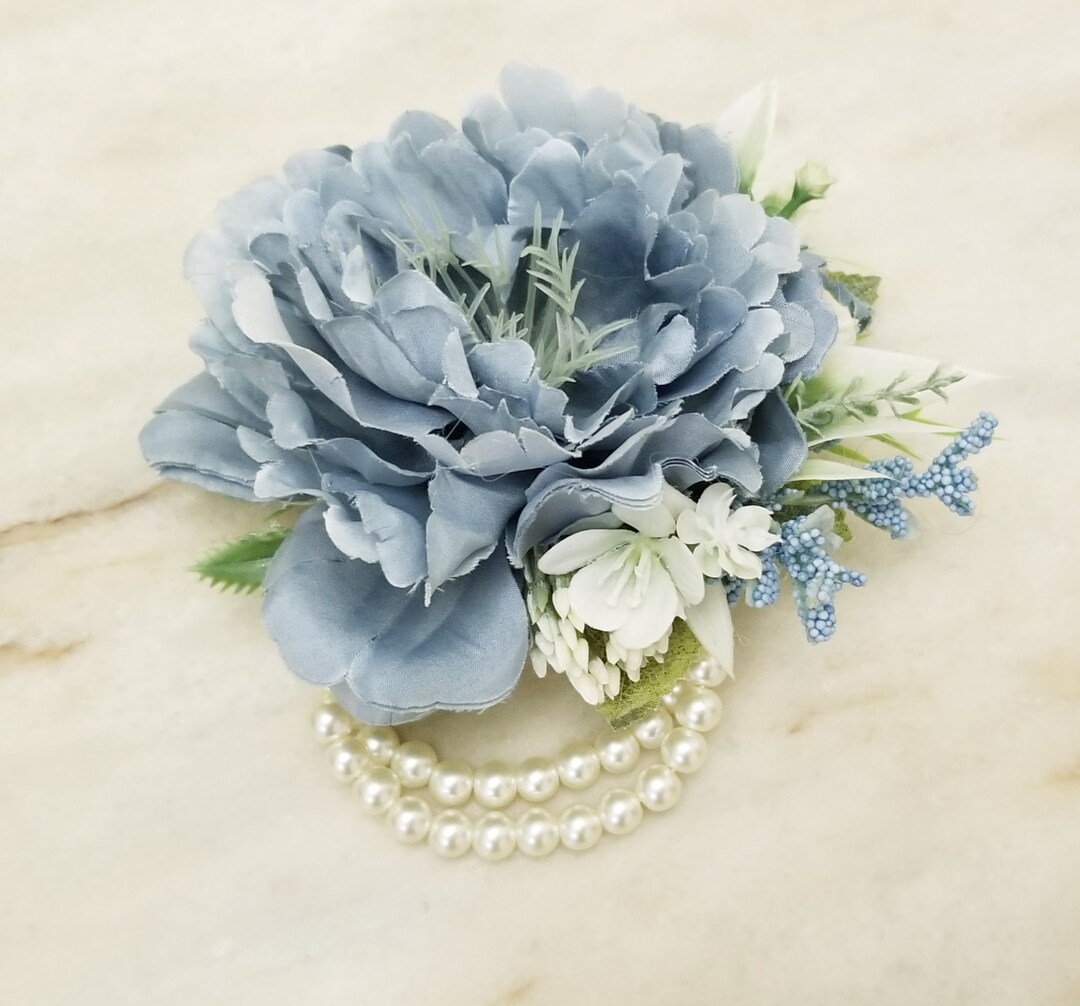 Dusty Blue Corsage, Dusty Blue Wrist Corsage, Blue Peony Corsage, Blue ...
