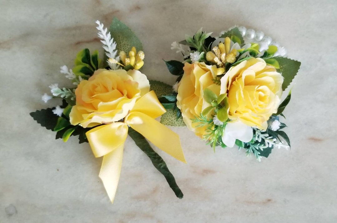 Yellow Corsage Set, Yellow Rose Corsage and Boutonniere, Yellow Prom ...