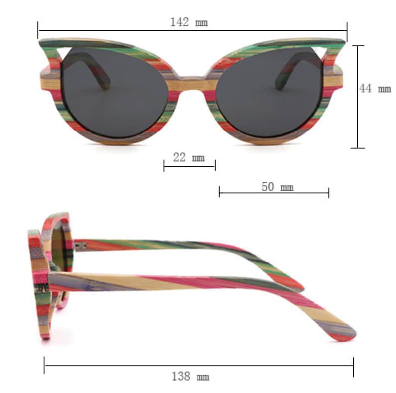 Cat Eye Wooden Sunglasses Polarised Lens Rainbow Frame Etsy