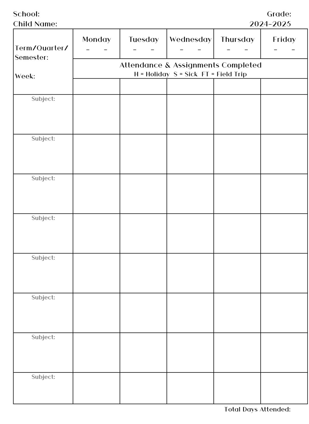 Homeschool Attendance & Lesson Planner: Weekly Tracker (digital Print ...