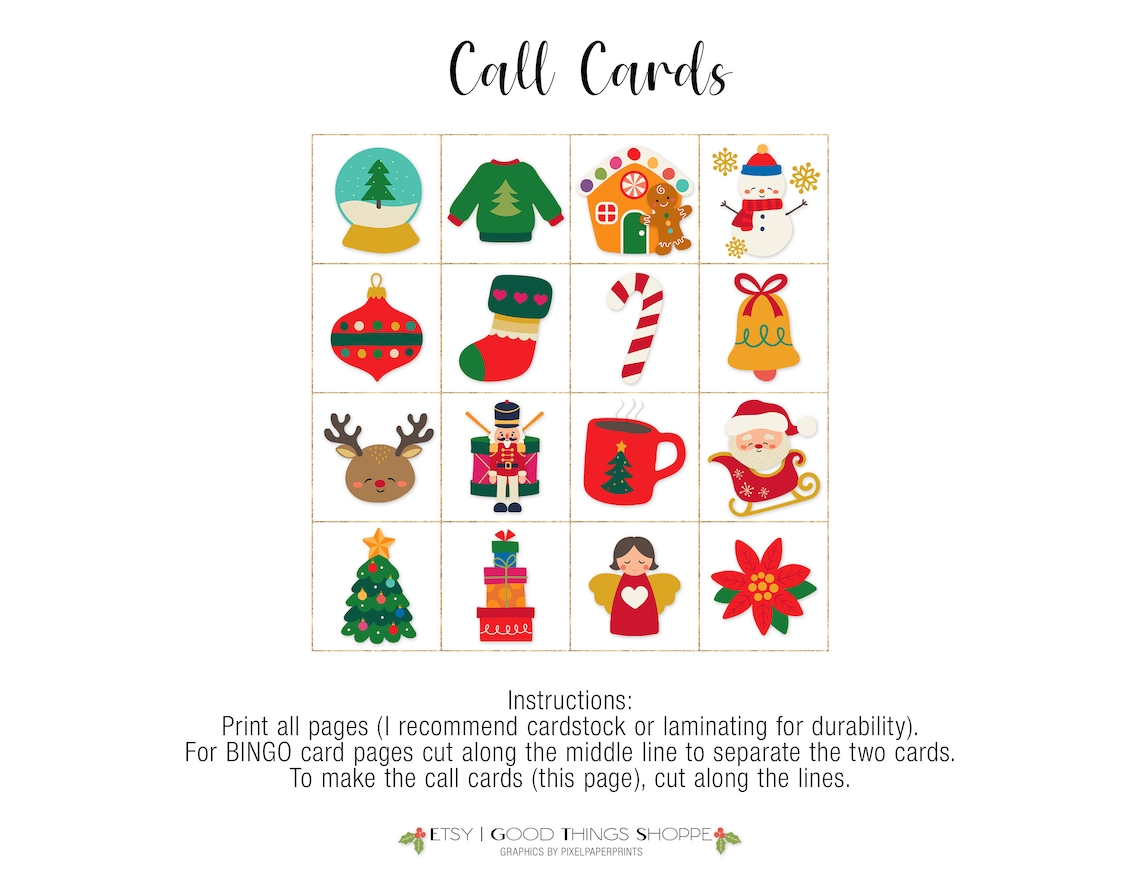 Printable Christmas Holiday Bingo Game Cards, Call Cards and ...