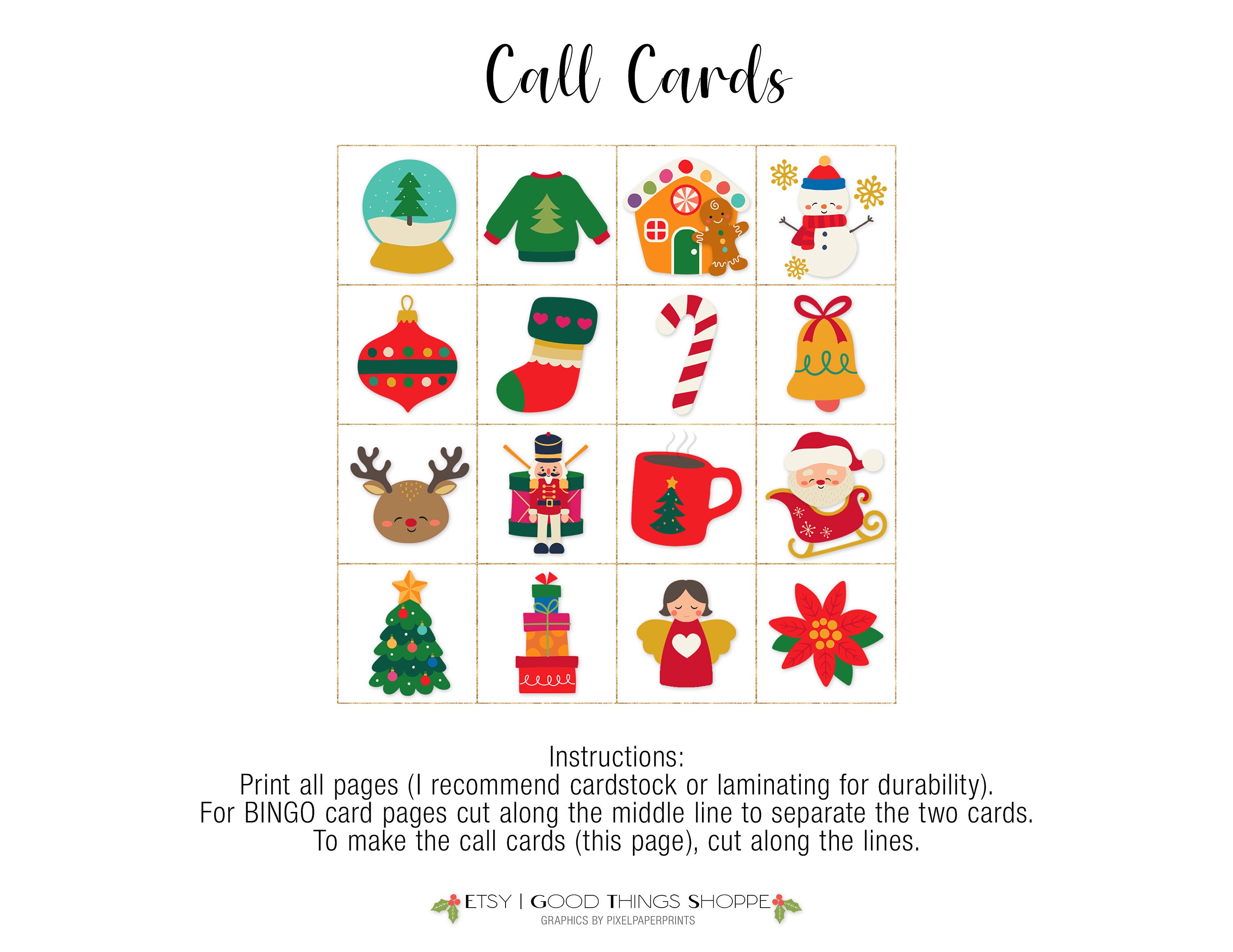 Printable Christmas Holiday Bingo Game Cards, Call Cards and ...