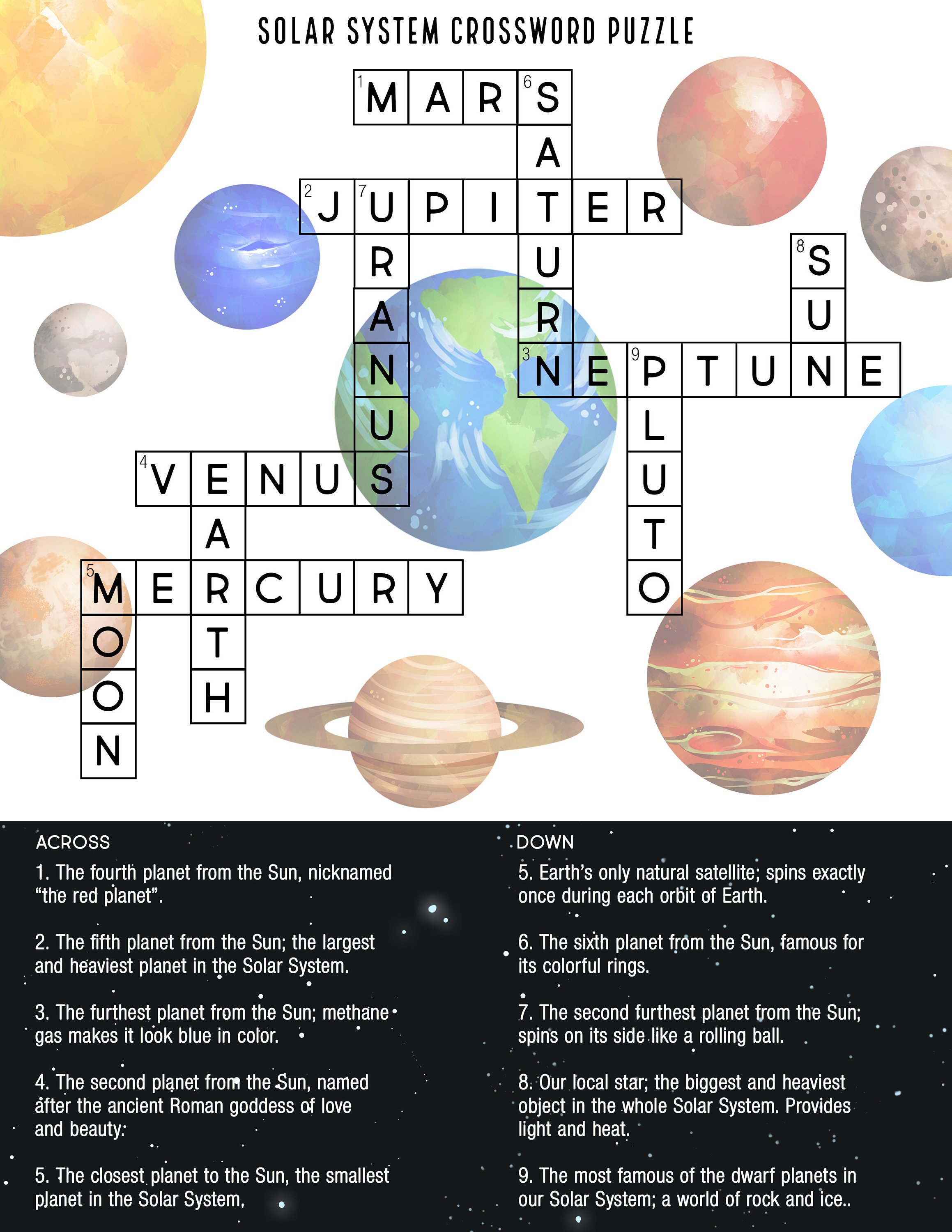 Solar System Crossword Puzzle | Educational, Printable, Digital Print ...