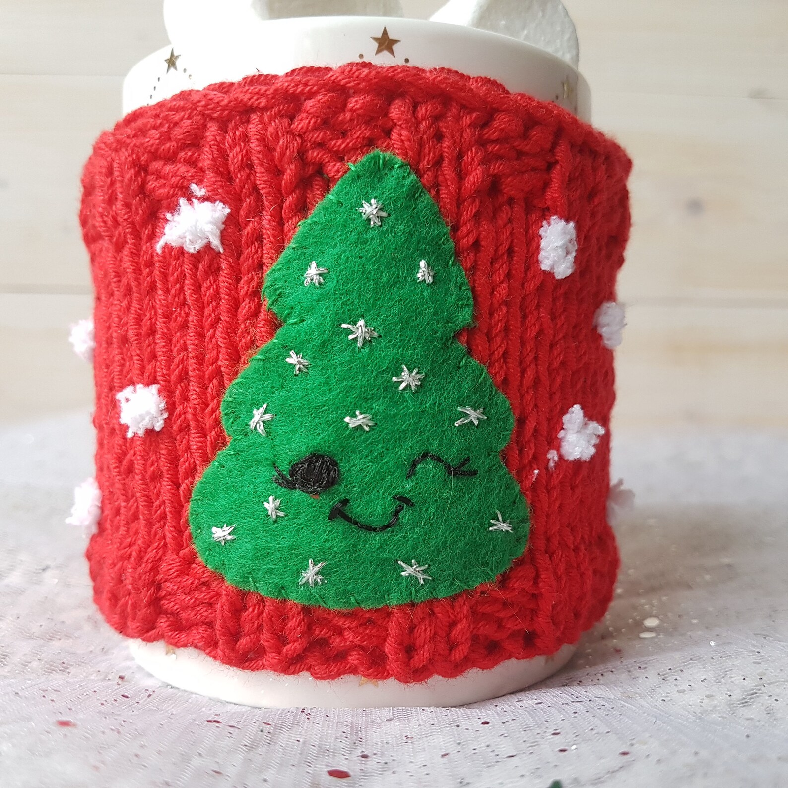Knit Coffe Cup Red Color With Christmas Tree Coffe Cup Sleeve Coffe ...