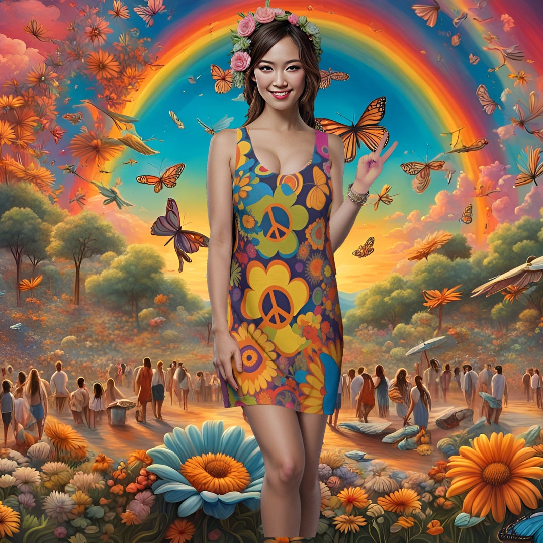 Groovy Peace Racerback Sleeveless Slip Dress, Retro Flower Power Hippie ...