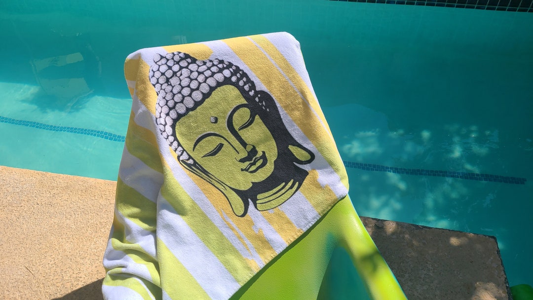 Pop Art Buddha Beach Towel, Chartreuse Gold & White Distressed Stripes ...