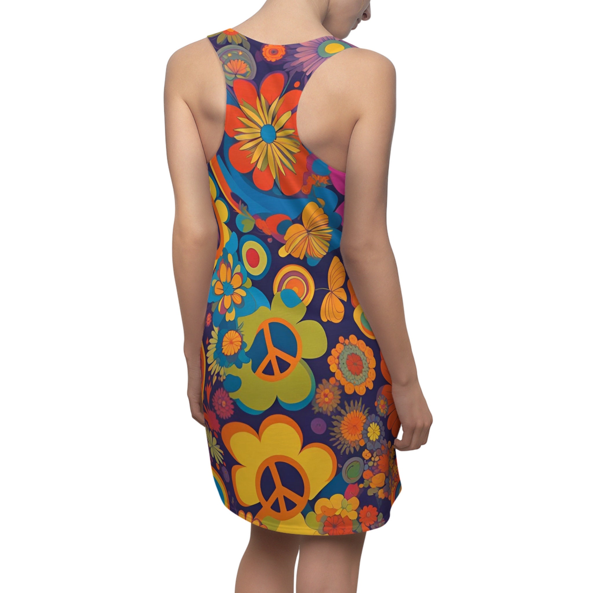 Groovy Peace Racerback Sleeveless Slip Dress, Retro Flower Power Hippie ...