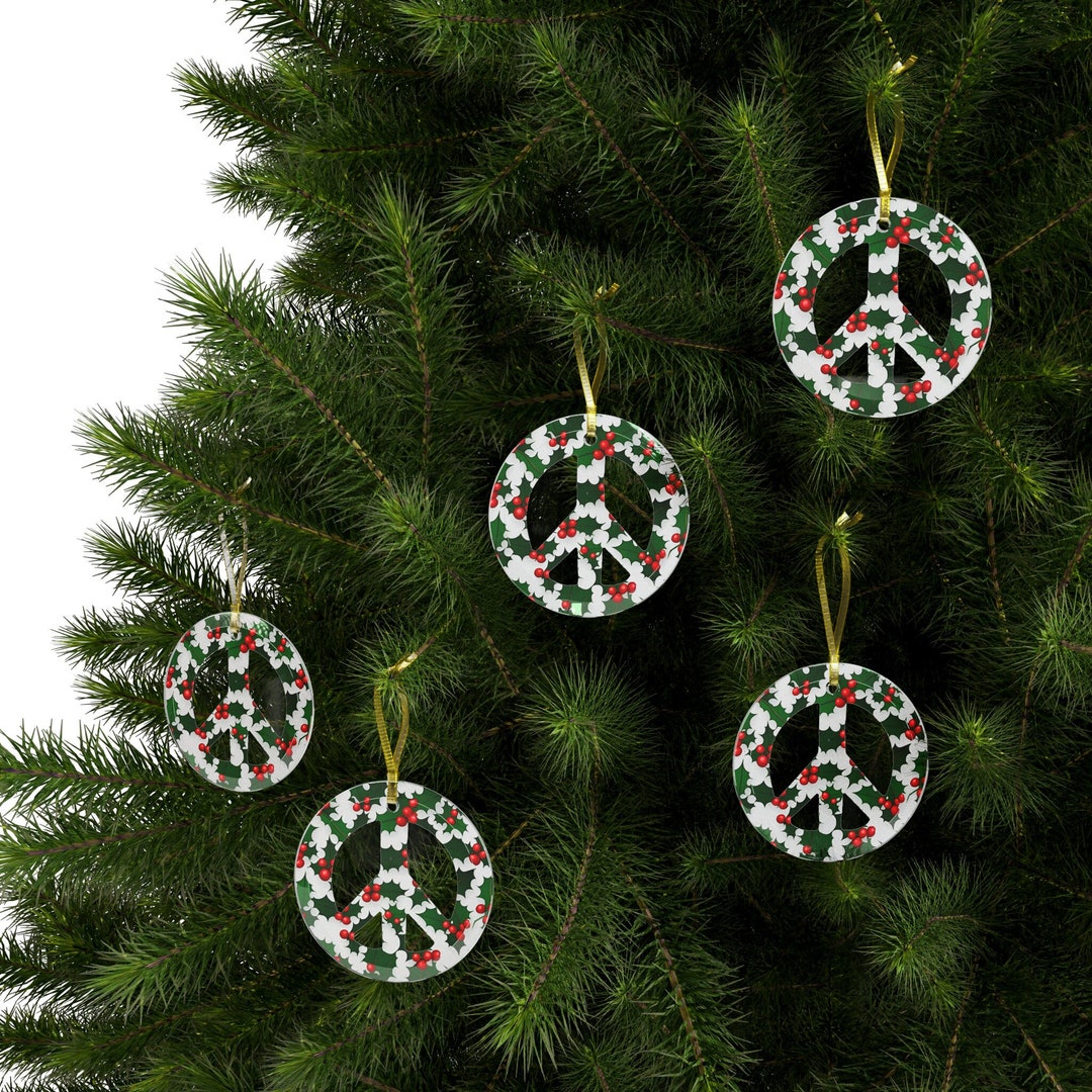 Holiday Peace Sign Christmas Holly Glass Ornament, Peace Sign Glass ...