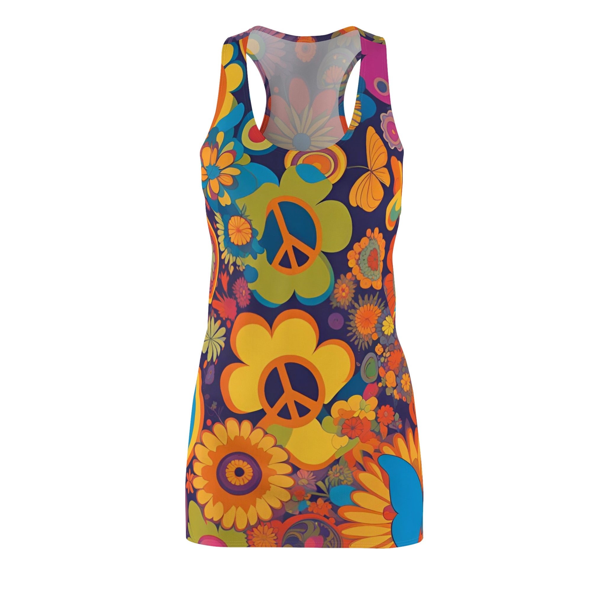 Groovy Peace Racerback Sleeveless Slip Dress, Retro Flower Power Hippie ...