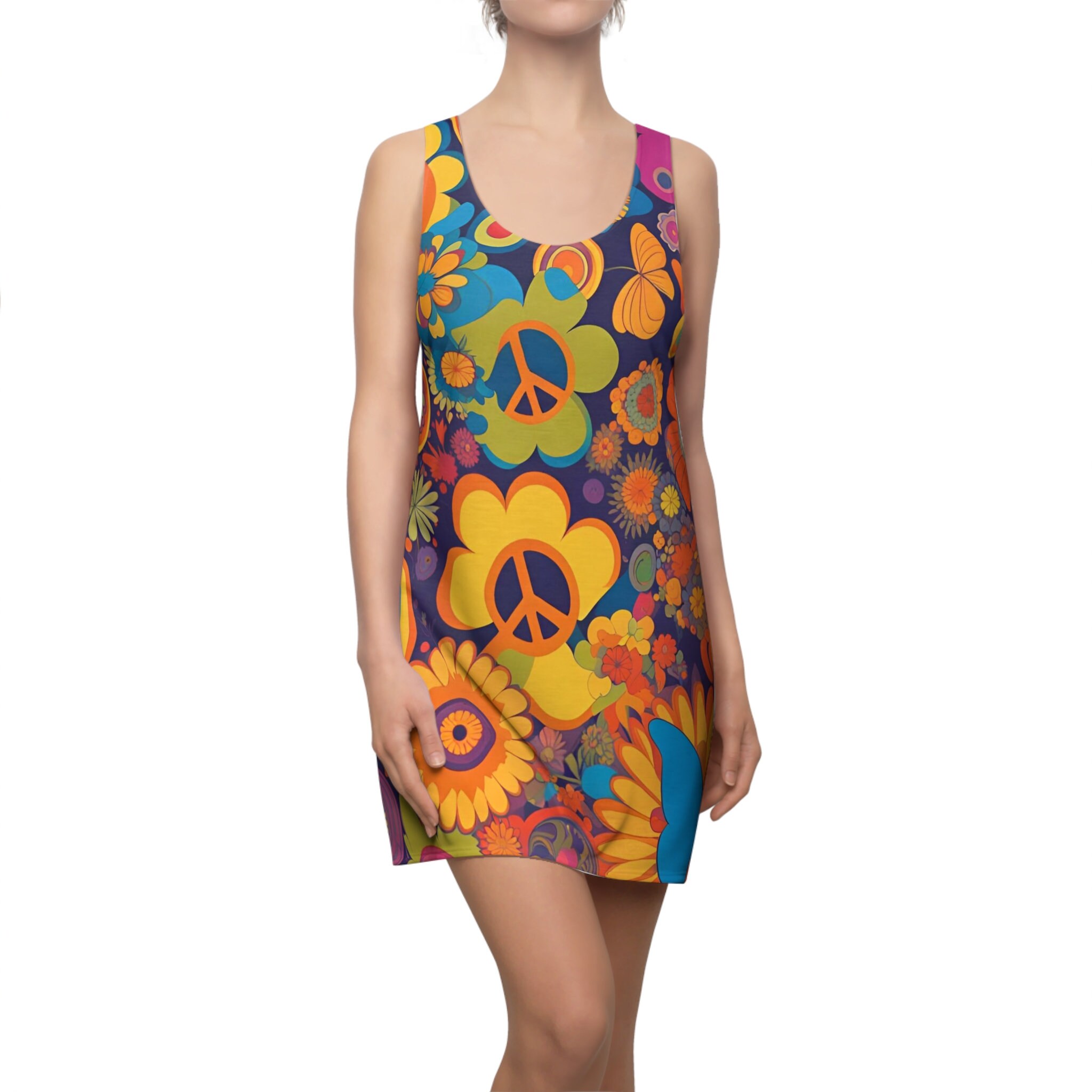Groovy Peace Racerback Sleeveless Slip Dress, Retro Flower Power Hippie ...