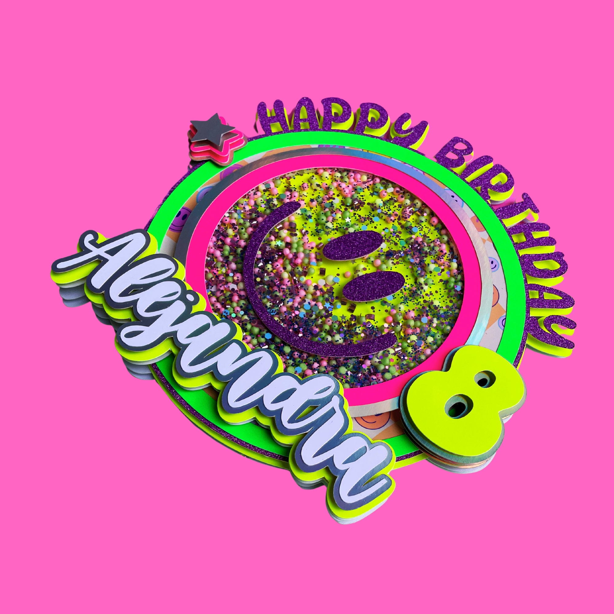 Happy Face NEON Cake Topper, Smile Face Cake Topper, Birthday ...