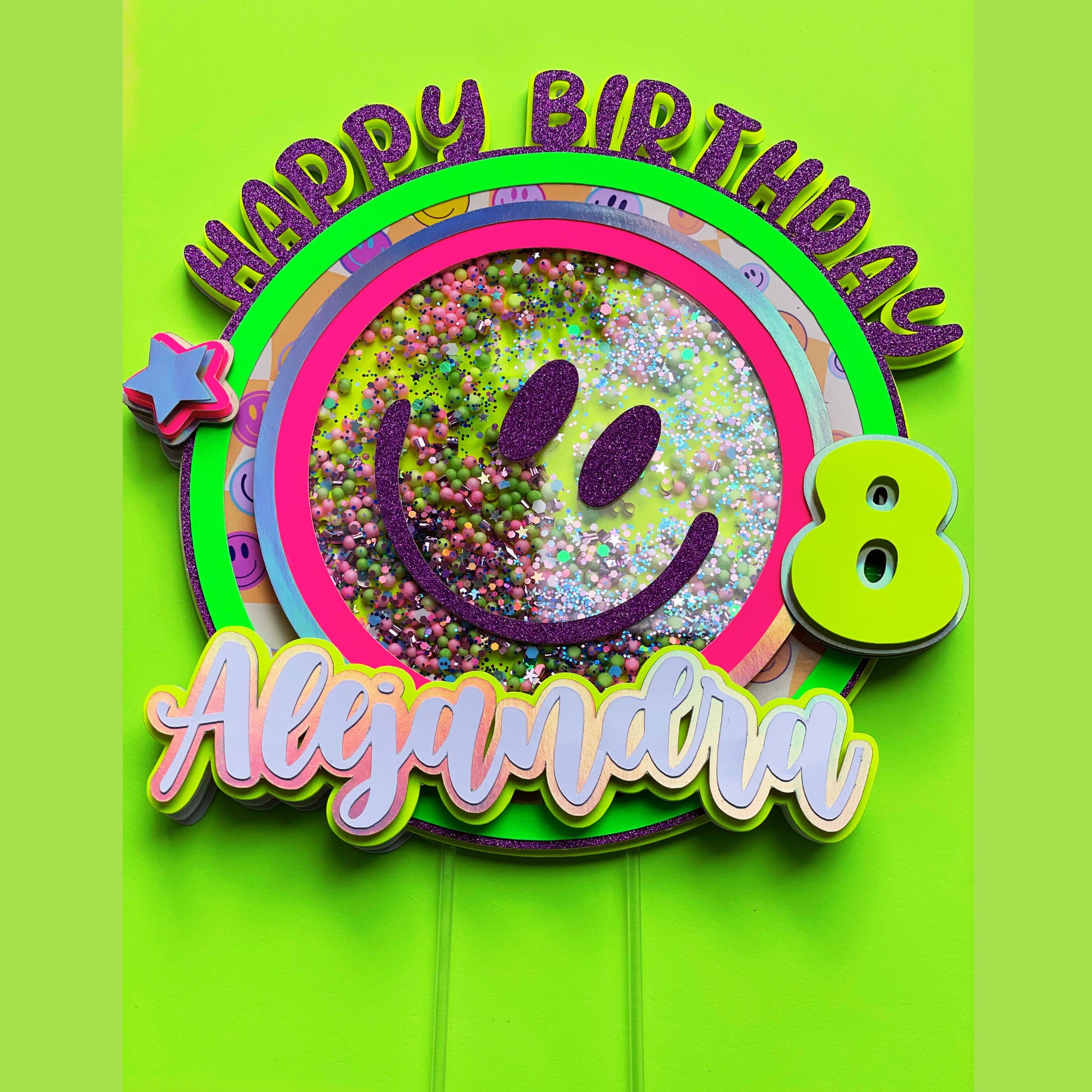 Happy Face NEON Cake Topper, Smile Face Cake Topper, Birthday ...