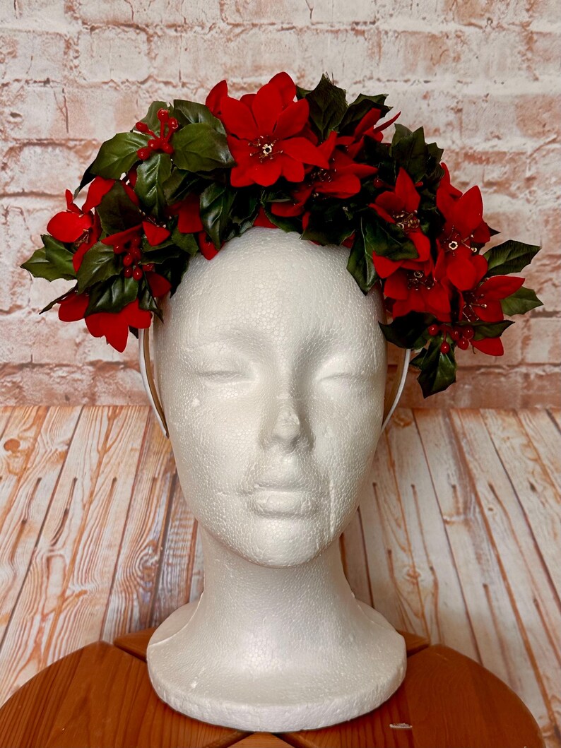 Poinsettia & Holly Christmas Floral Crown – Holiday Headband, Festive ...