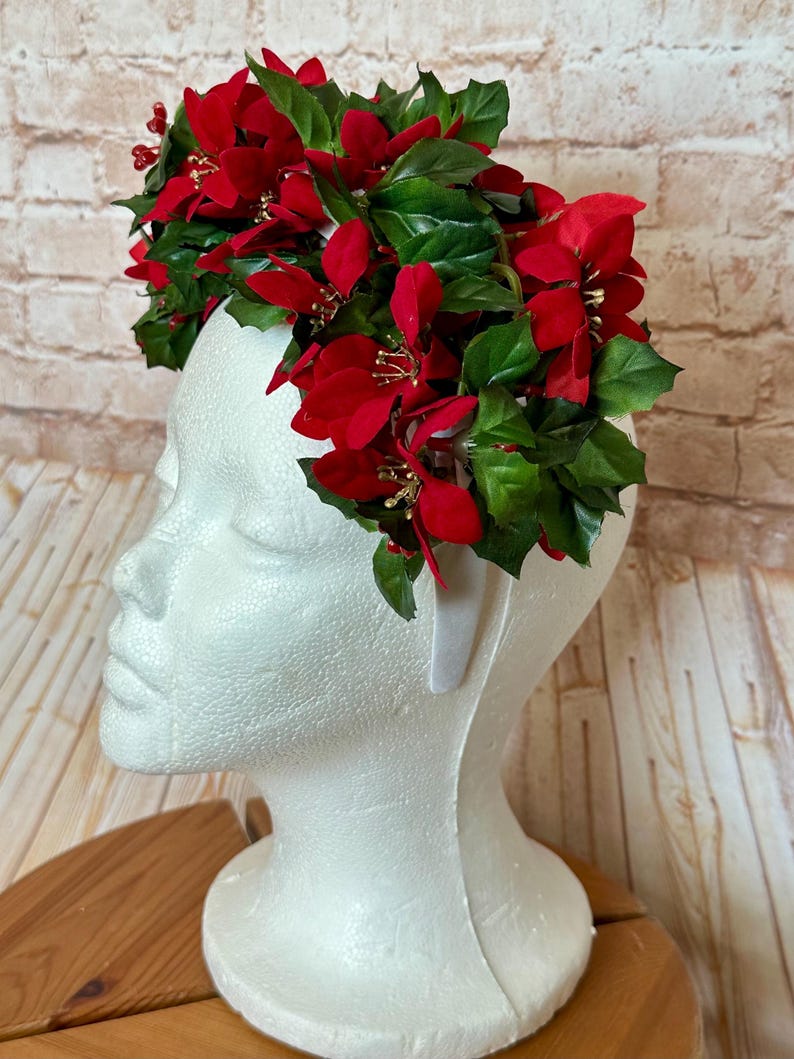 Poinsettia & Holly Christmas Floral Crown – Holiday Headband, Festive ...
