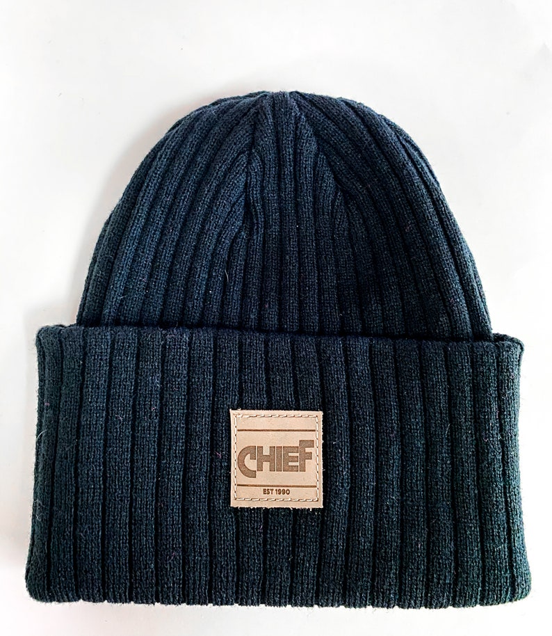 Large ribbed Beanie with leather patch | Etsy