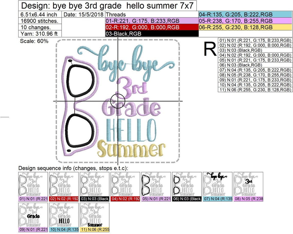 Bye Bye 3rd Grade Hello Summer Appliqué Designs Appliqué | Etsy