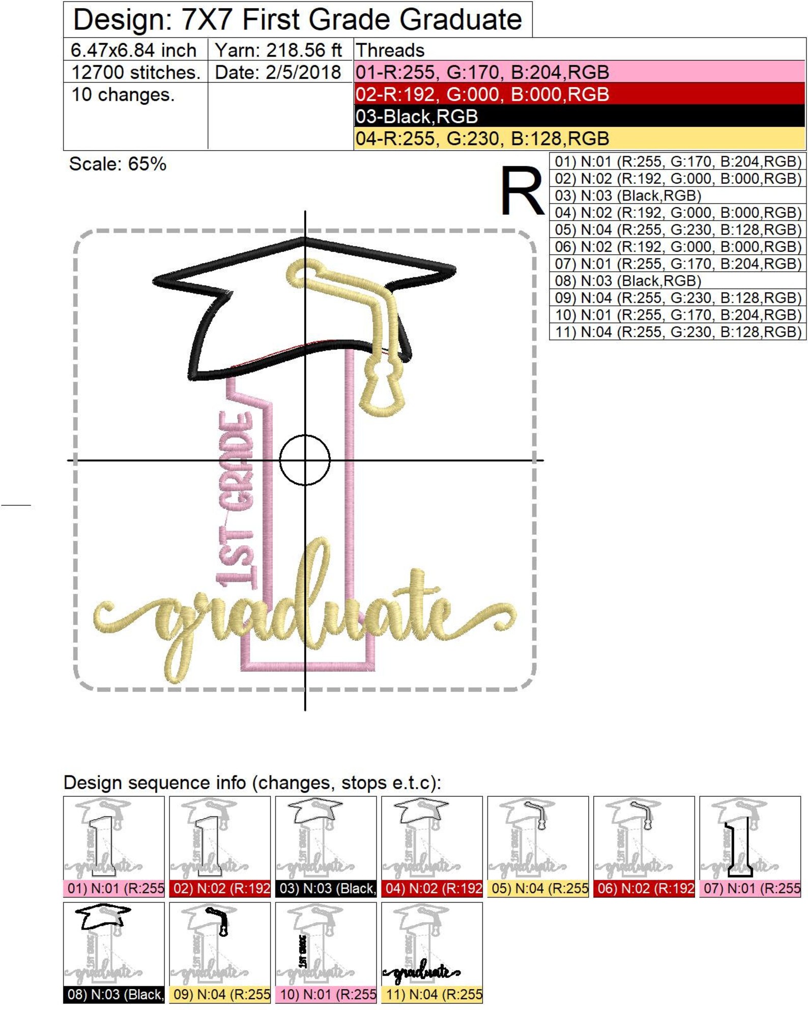 1st Grade Graduation Appliqué Embroidery Design, Graduation Applique ...