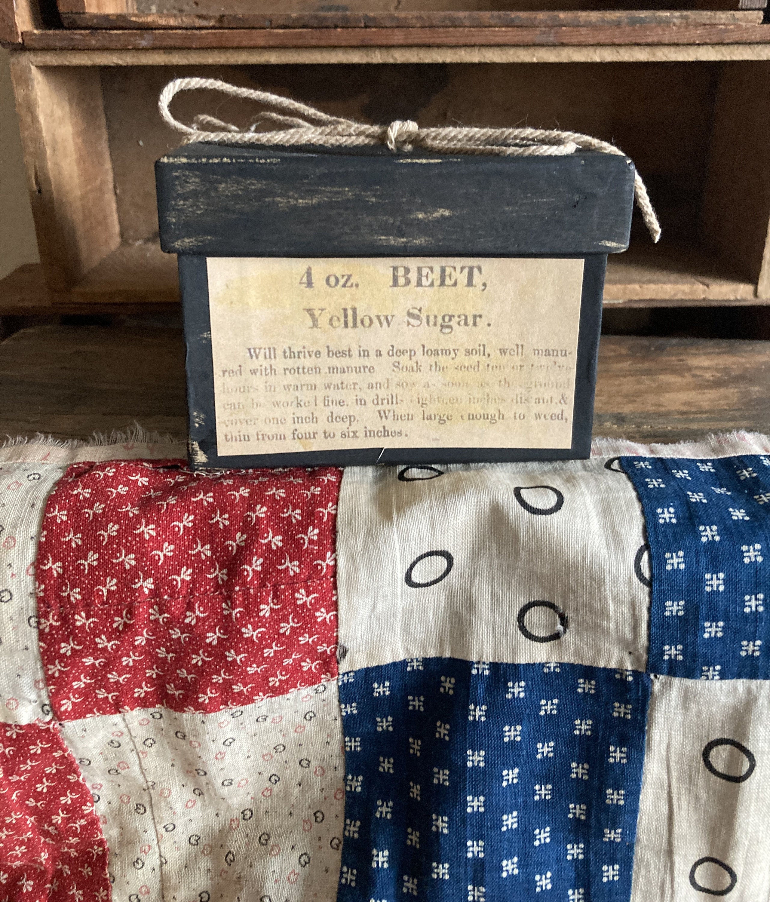 Primitive Pantry Box, Black Pantry Box, Prim Box, Old Quilt Piece, BEET Box, Beet Label FAPM ...