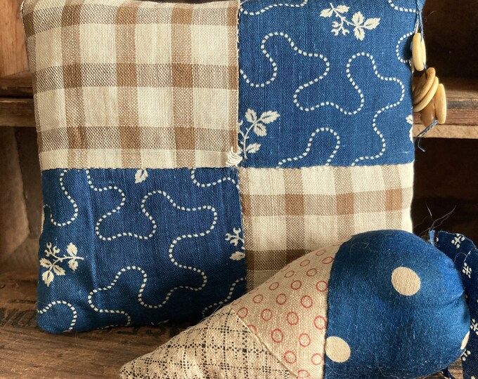 Primitive Pillow Tuck With Strawberry, Old Blue Fabric. Vintage Brown ...