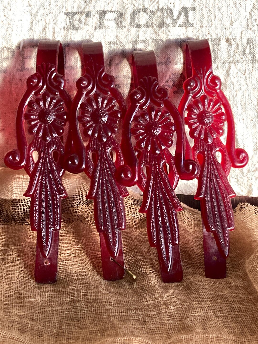 Vintage Celluloid Curtain Tiebacks - Vintage Burgundy Tiebacks ...